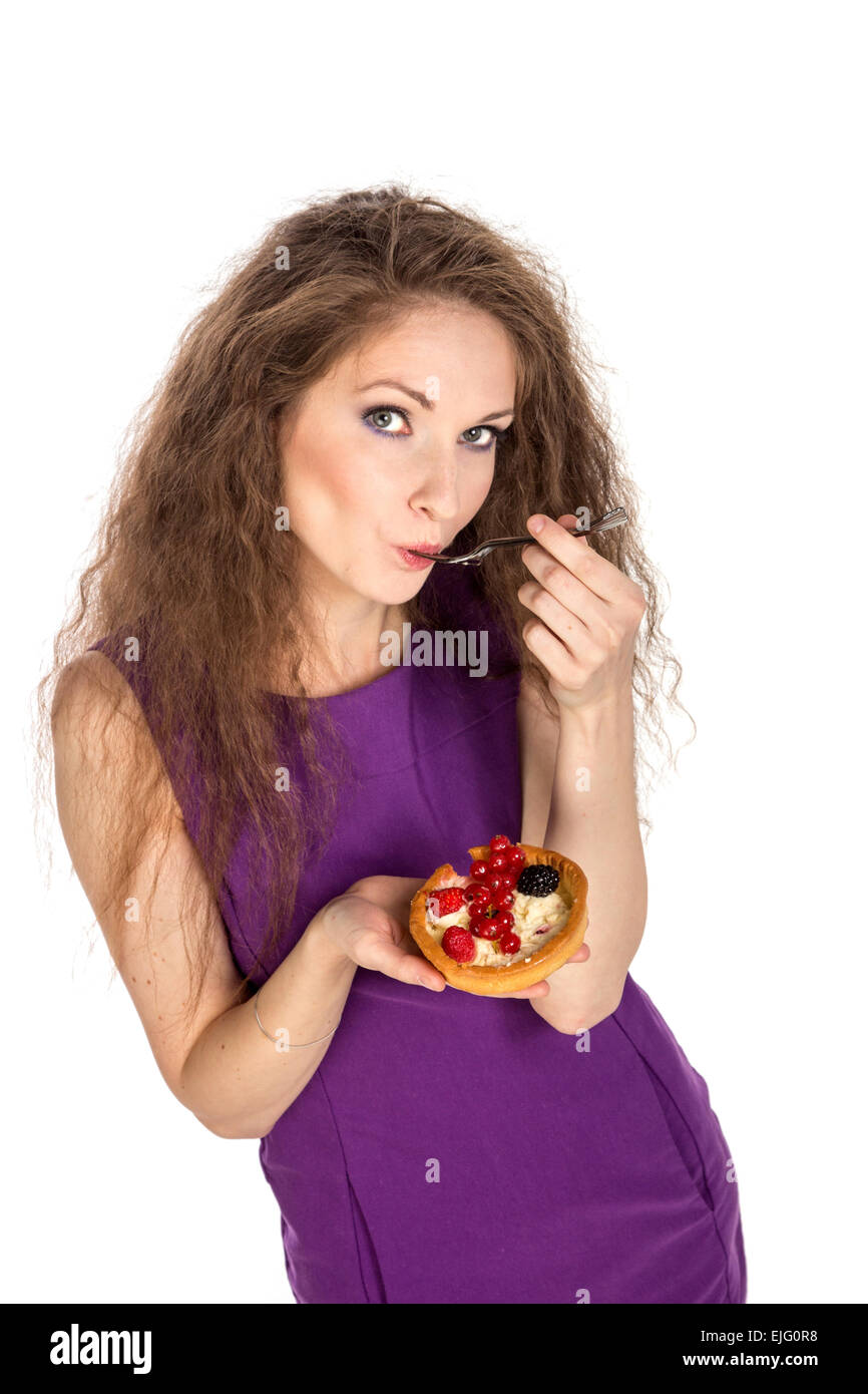 Woman enjoy cake, isolated Stock Photo - Alamy