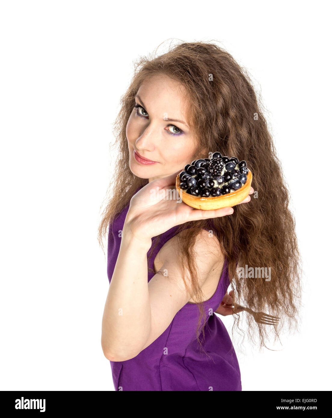 Woman enjoy cake, isolated Stock Photo - Alamy