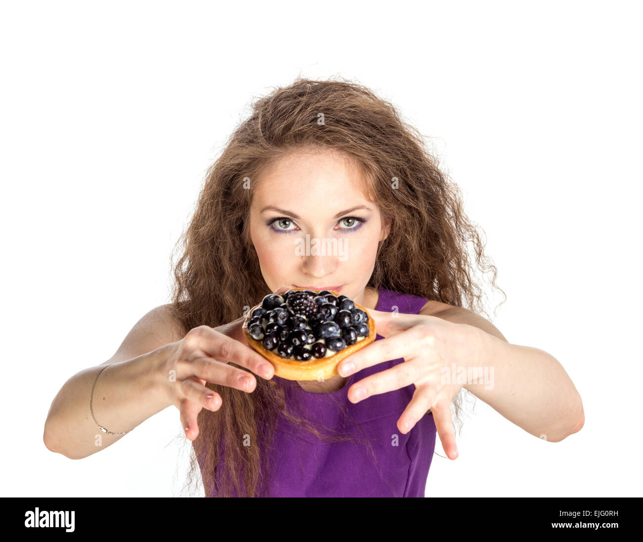 Woman enjoy cake, isolated Stock Photo - Alamy