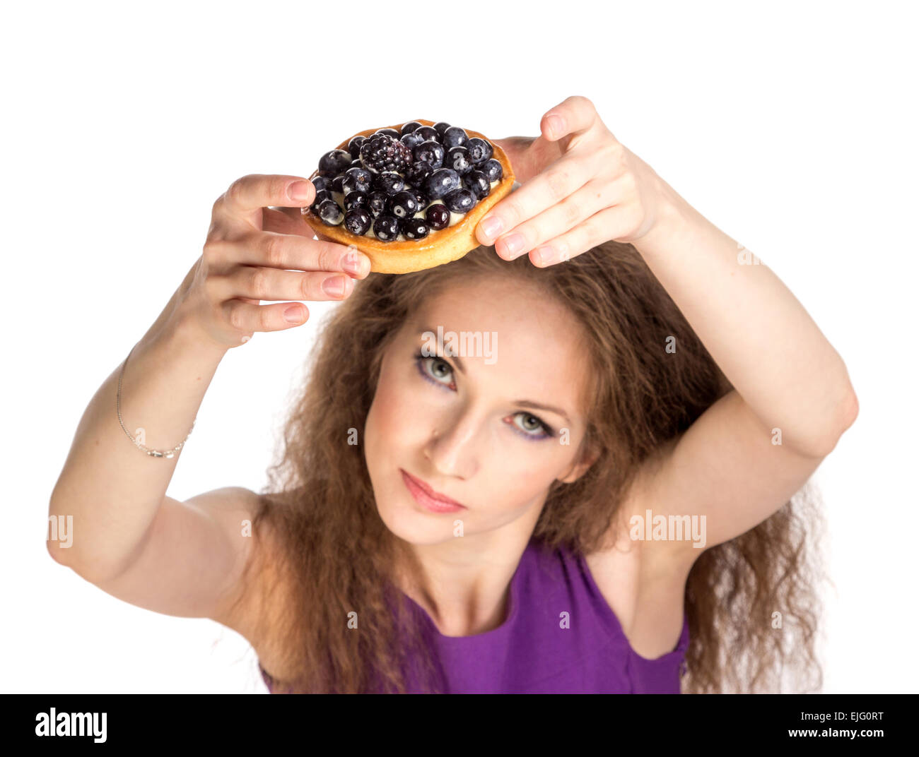 Woman enjoy cake, isolated Stock Photo - Alamy