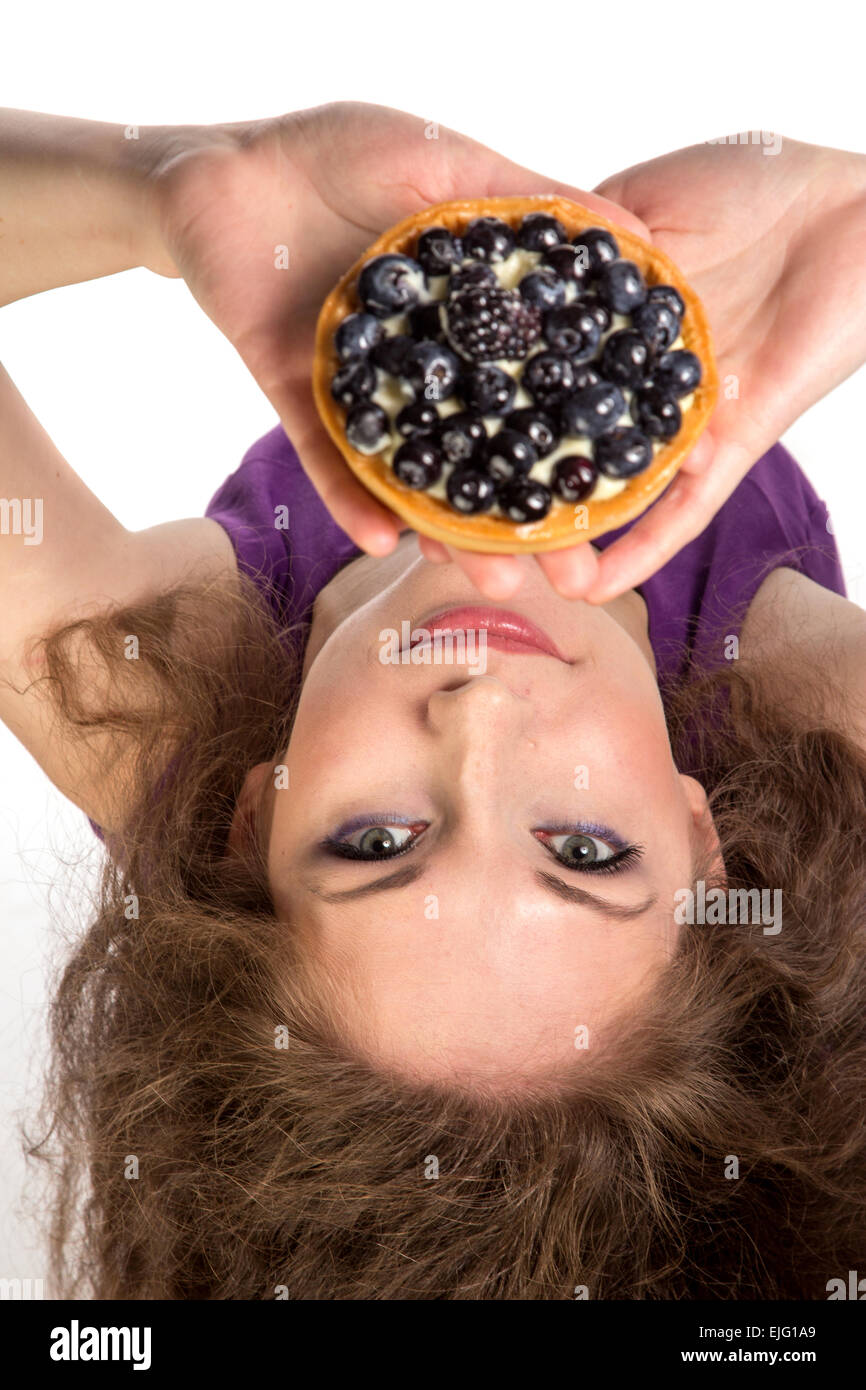 Woman enjoy cake, isolated Stock Photo - Alamy