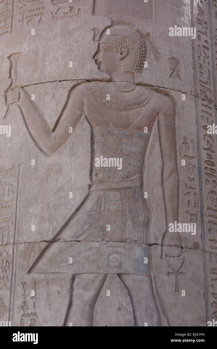 Bas relief, ancient Egypt, male figure with traces of original blue ...
