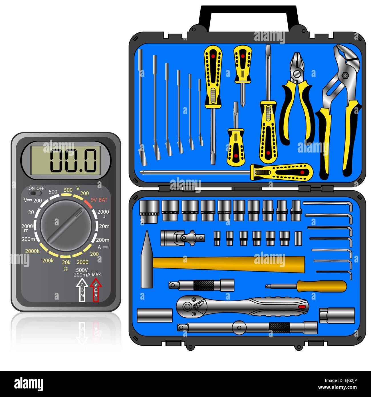 Multimeter of black color and set of different tools in a box v Stock ...