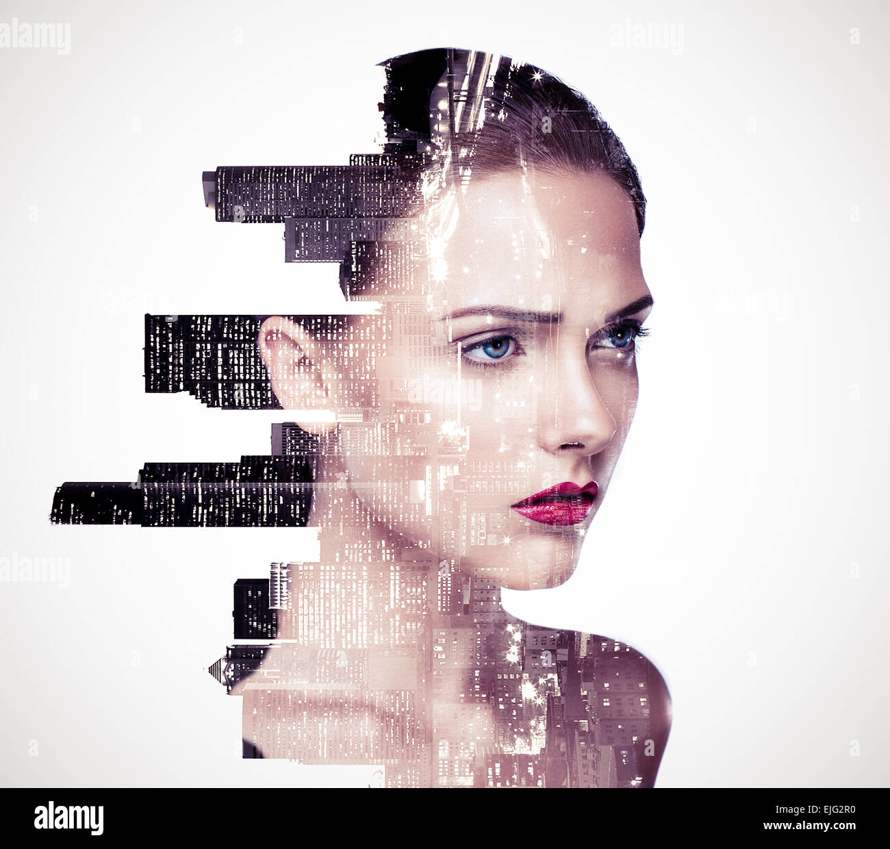 Double exposure of a beautiful girl and night cityscape Stock Photo - Alamy