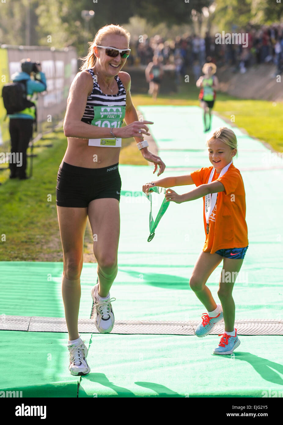 Paula Radcliffe and her daughter Isla attend the Worcester City 10K run ...