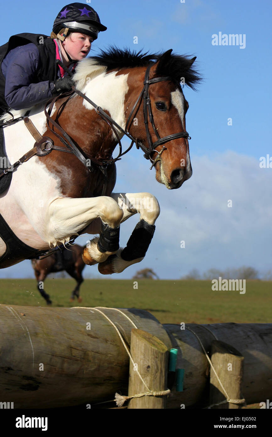 Horse and rider jumping log cross country jump Stock Photo - Alamy