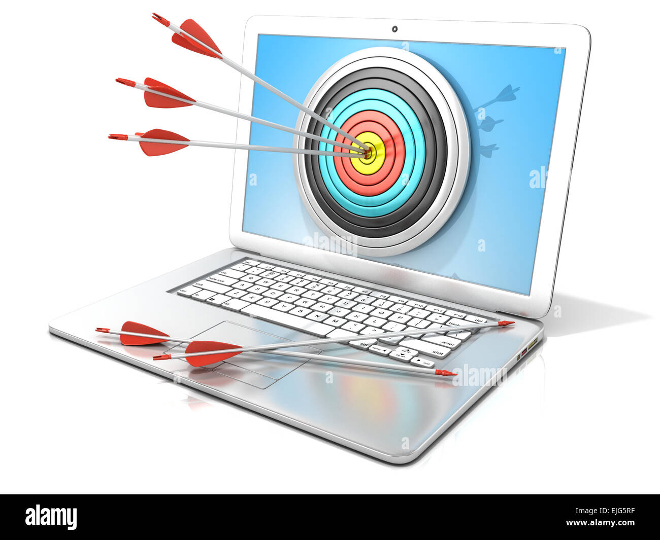 Laptop with archery target and red arrows in the center. 3D rendering ...