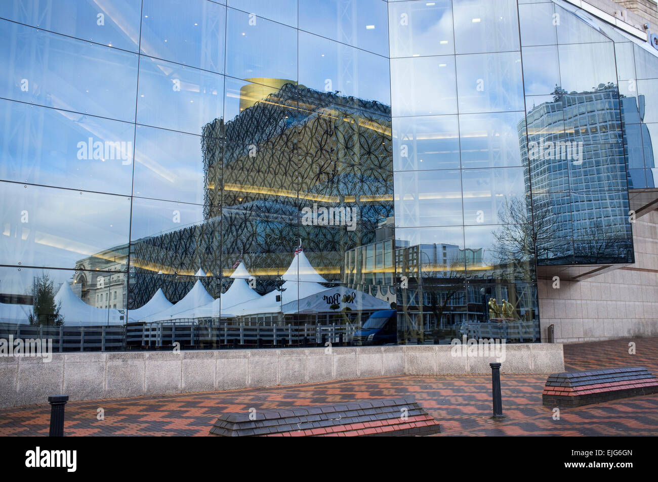 Library of Birmingham reflection in windows of ICC, Birmingham Stock ...