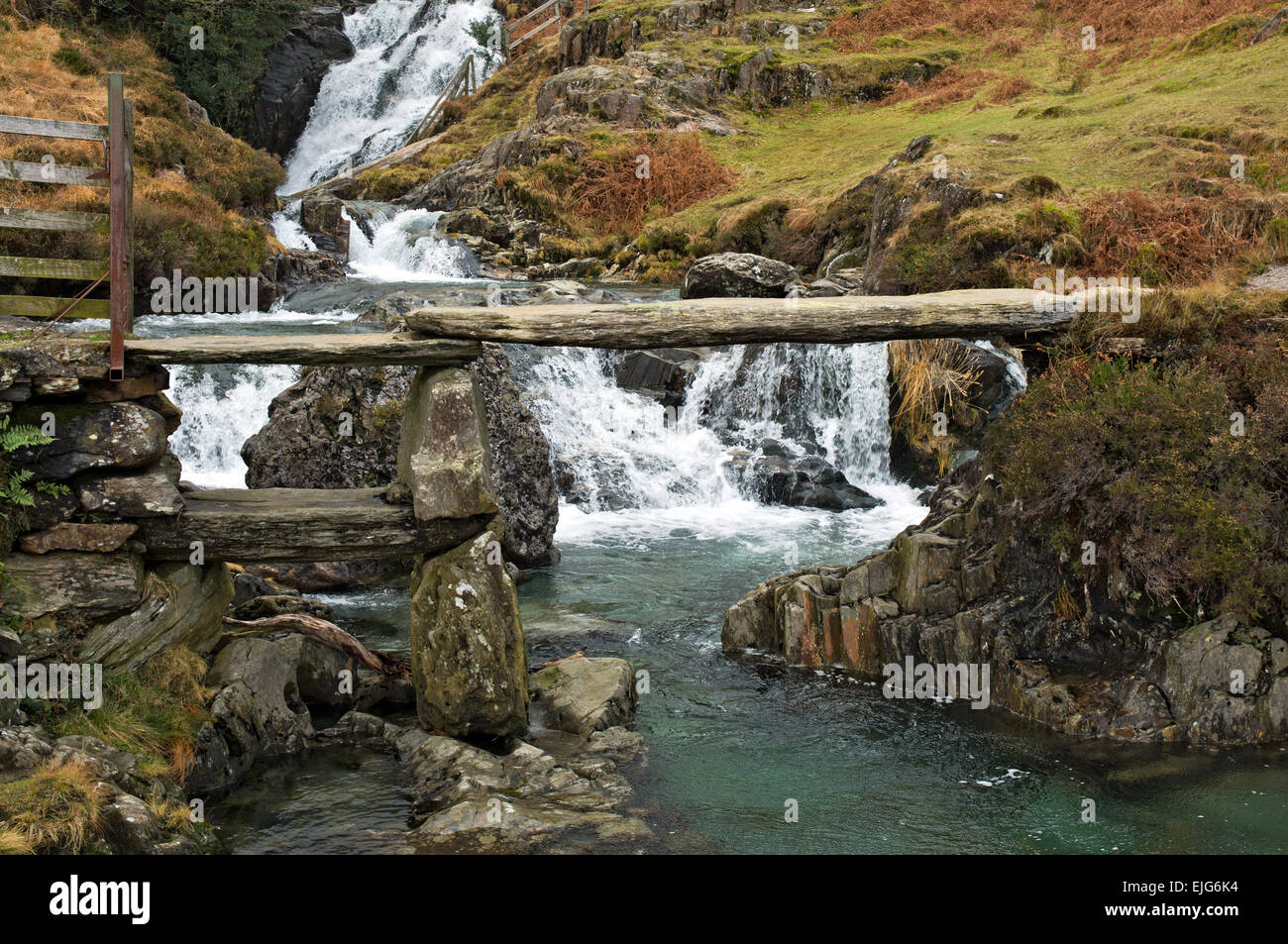 Waterfall at Cwm Llan seen from the Watkin Path to Snowdon in Snowdonia ...
