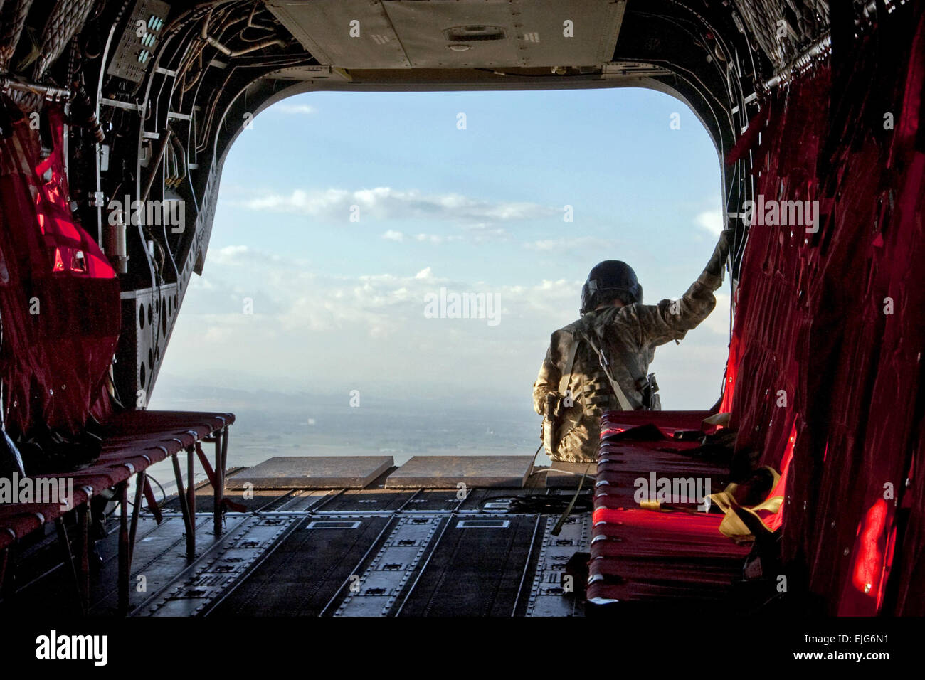 A Colorado Army National Guardsmen views the Colorado landscape from ...