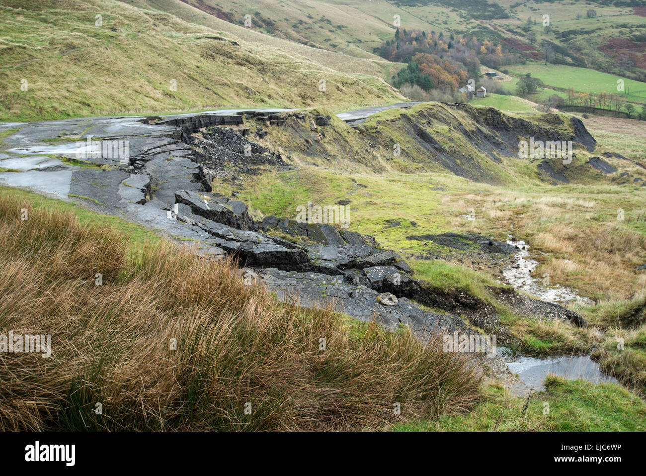 Collapsed A625 road in Peak District UK Stock Photo - Alamy