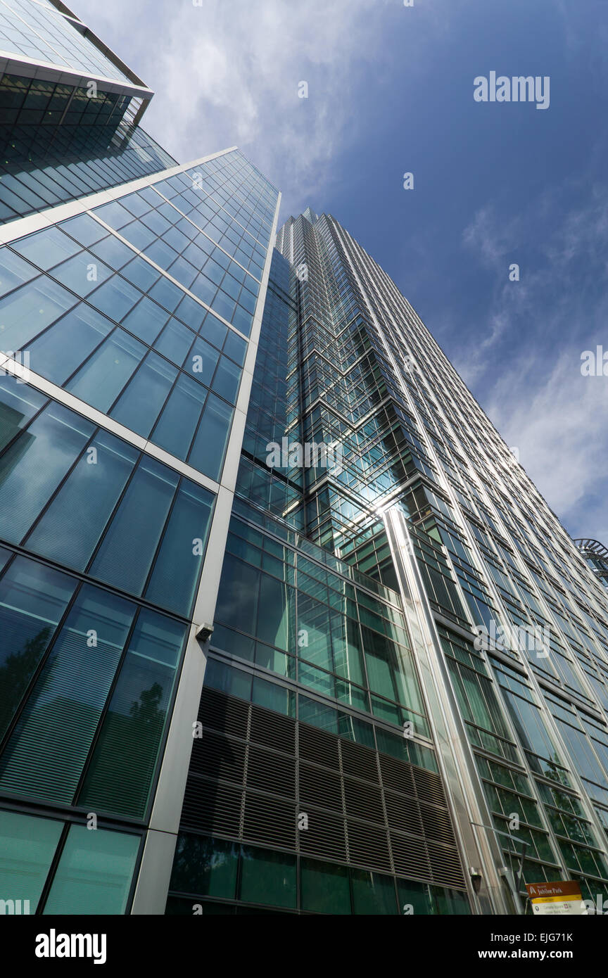 looking up at modern high-rise business buildings in Jubilee Park ...