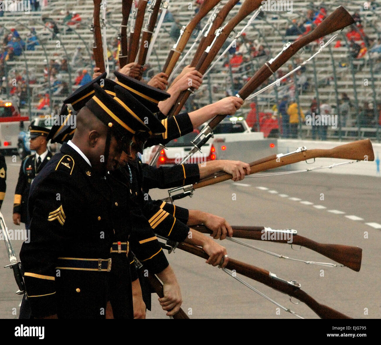 Soldiers from the U.S. Army Drill Team perform during a pre-race NASCAR ...