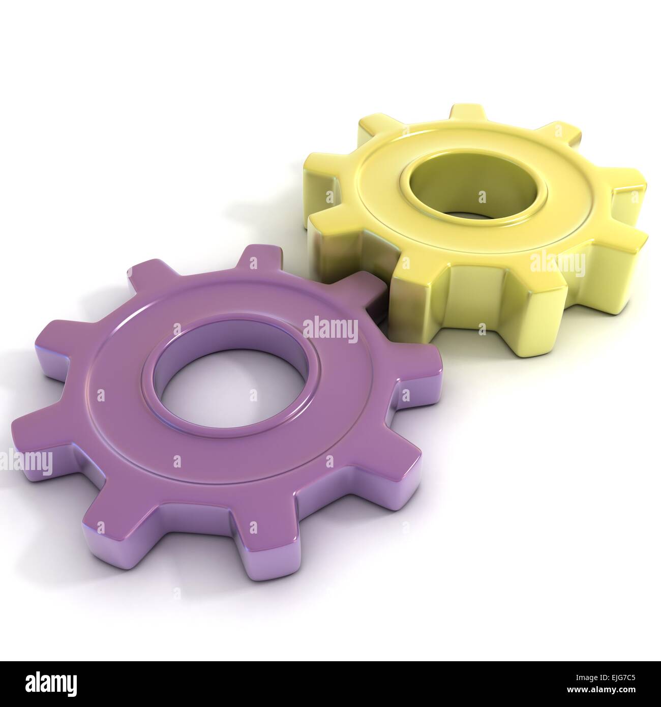 Violet and yellow gear wheels, 3d concept isolated no white background ...