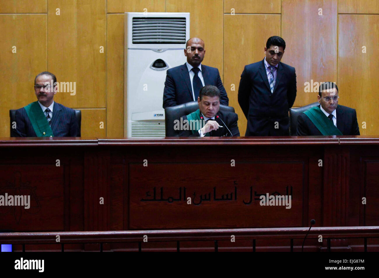 Cairo, Egypt. 26th Mar, 2015. An Egyptian Judge speaks during the trial ...