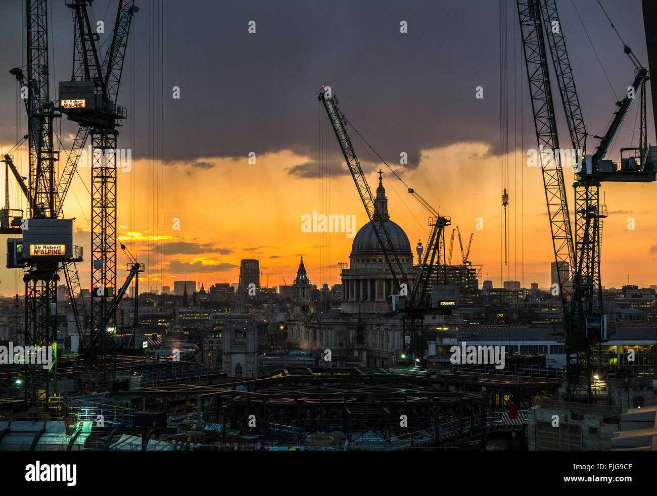 Cityscape of silhouetted cranes on the Bloomberg Place construction ...