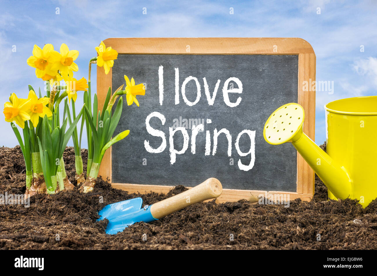 Sign in the flower bed with the text I love spring Stock Photo - Alamy