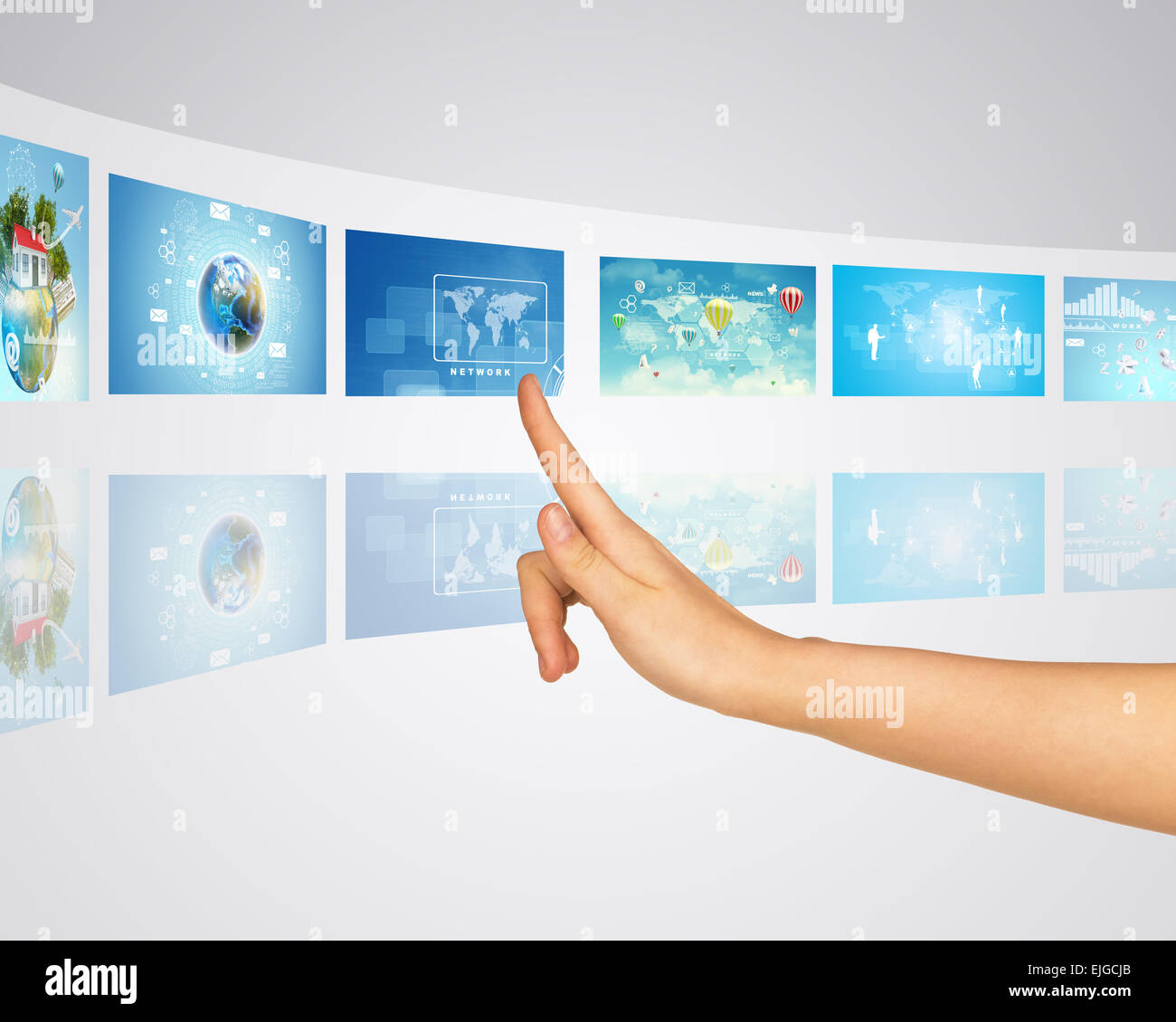 Travel through land. Finger presses one of virtual screens Stock Photo ...