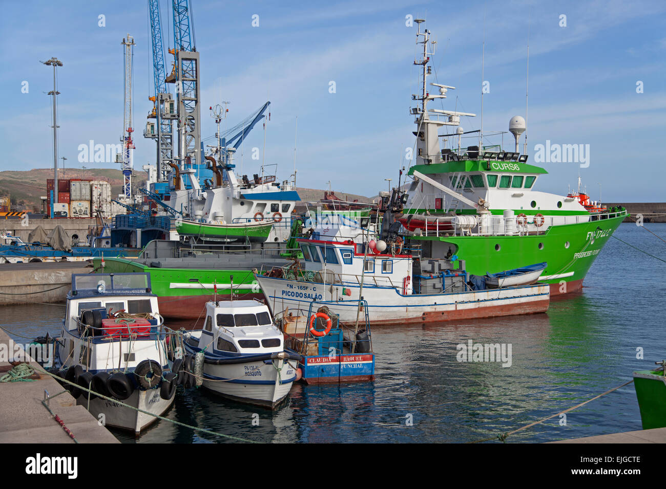 Fishing boats from the Azores in dry dock at Machico in Madeira Stock ...
