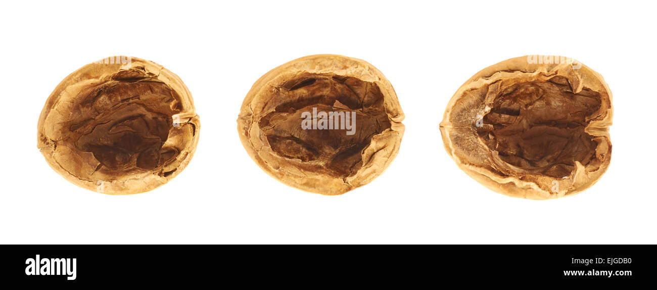 Three walnut shells isolated Stock Photo - Alamy