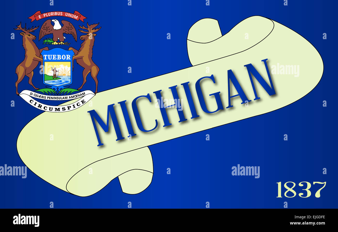 A scroll with the text Michigan with the flag of the state detail Stock ...