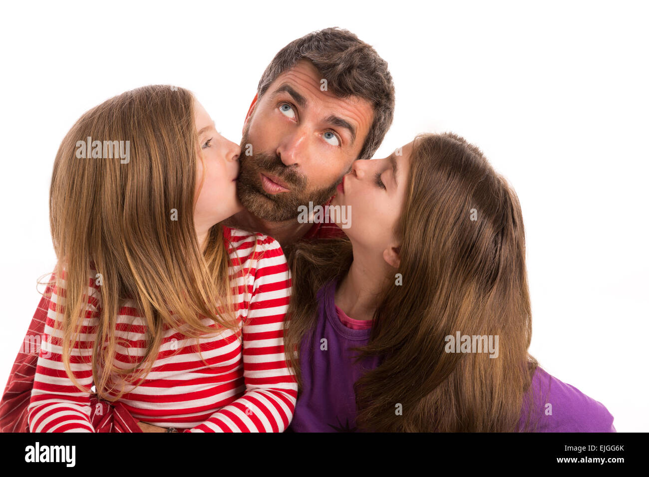 Happy family beard father and two kid daughters blue eyes on white ...