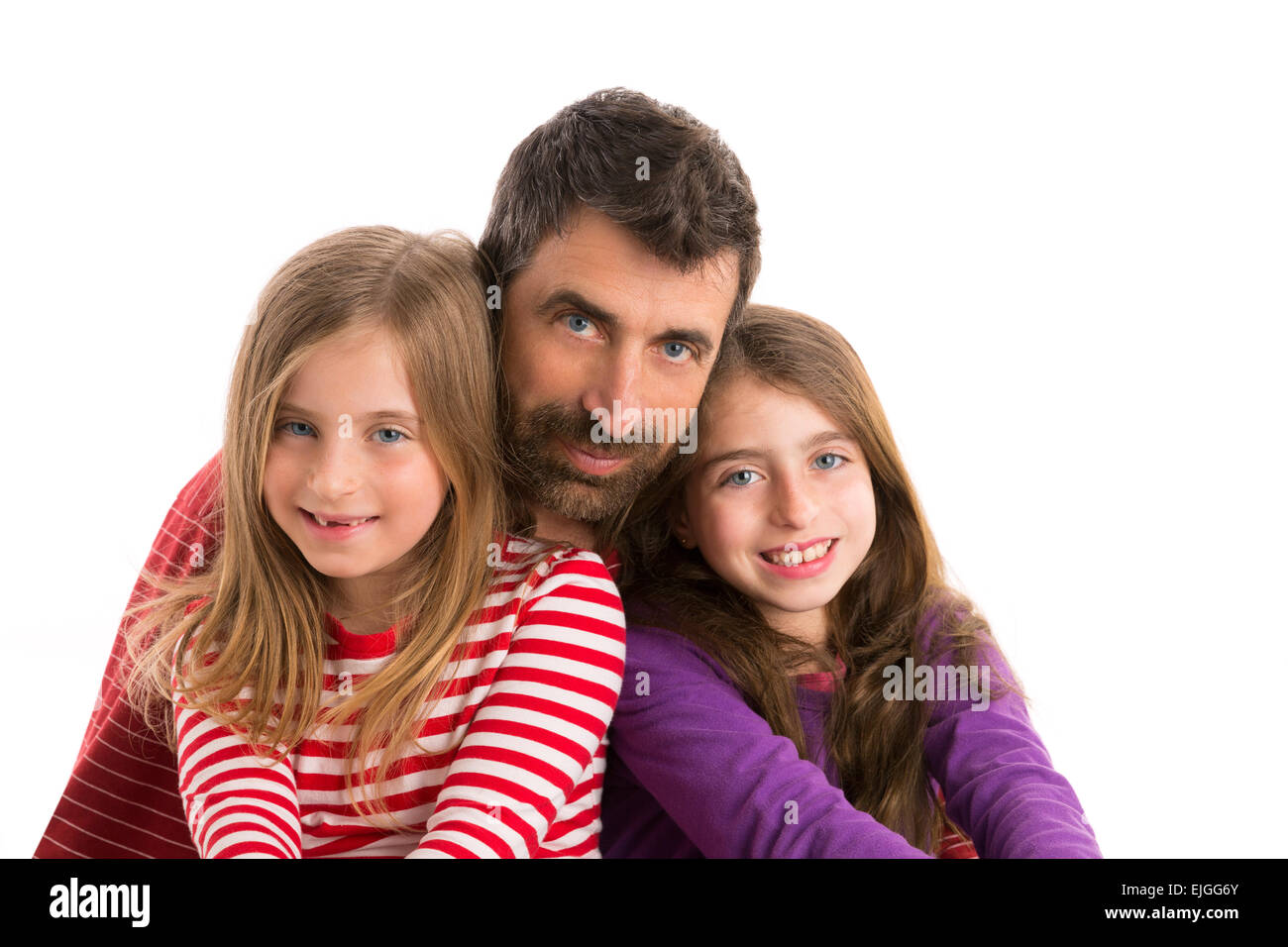 Happy family beard father and two kid daughters blue eyes on white ...
