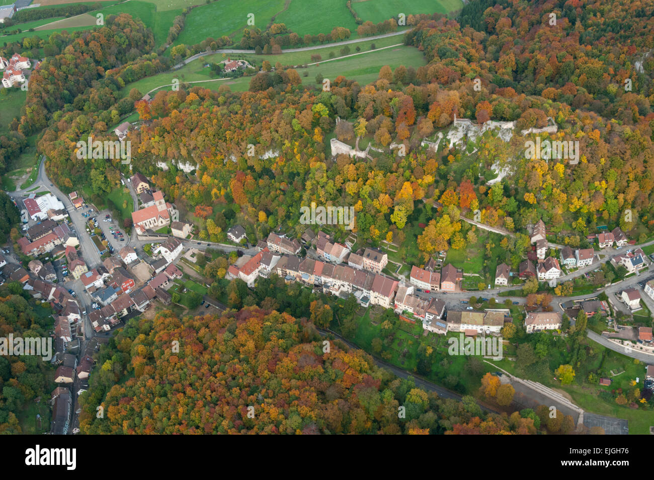 France. Haut-Rhin (68), village of Ferrette, castle (aerial view Stock ...