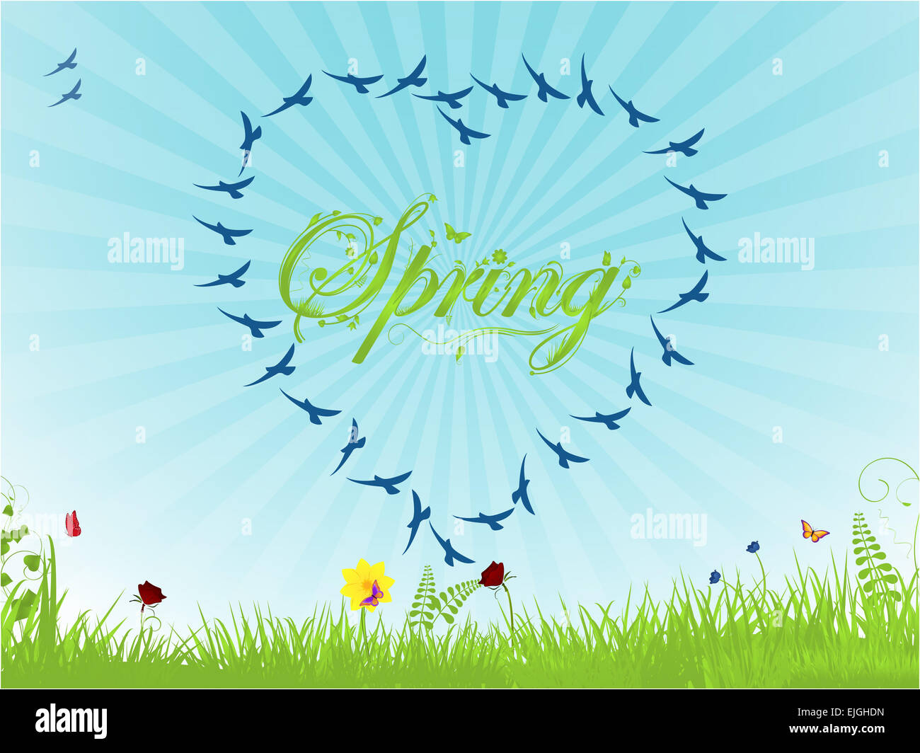 Spring Background with Birds forming an Heart and Butterfly Stock Photo ...
