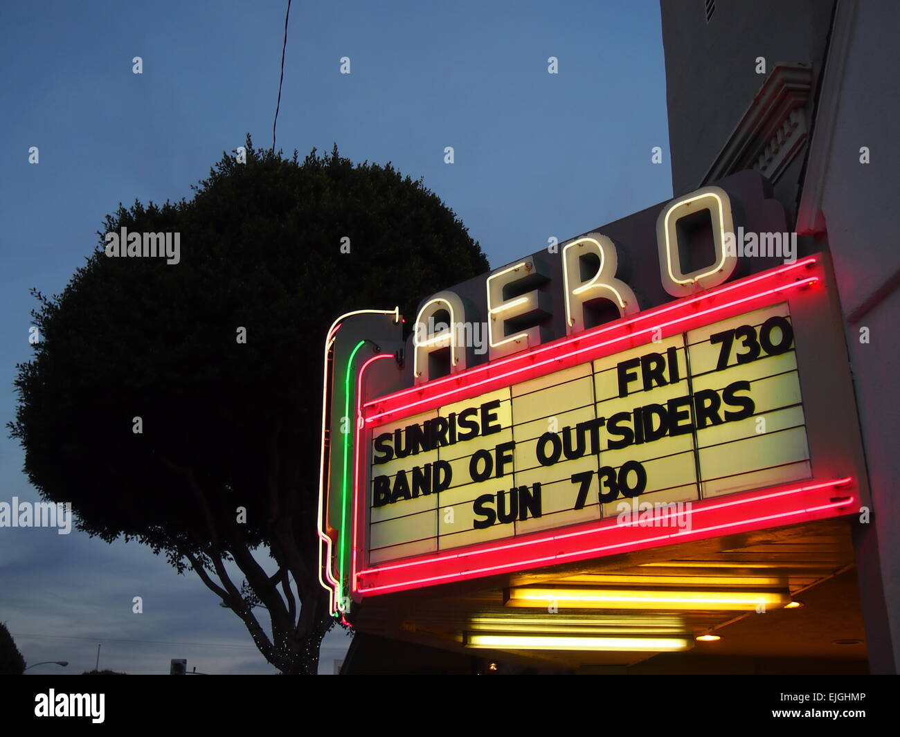 Illuminated Neon Cinema Hoarding At Dusk, Aero Cinema, Santa Monica ...