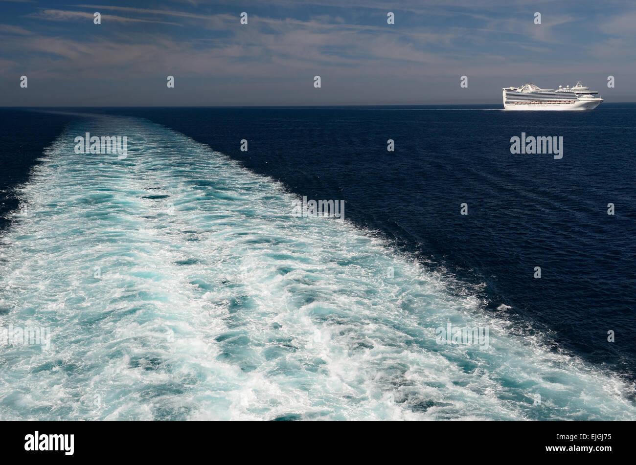 MS Caribbean Princess cruise ship, seen from the stern of another ship ...