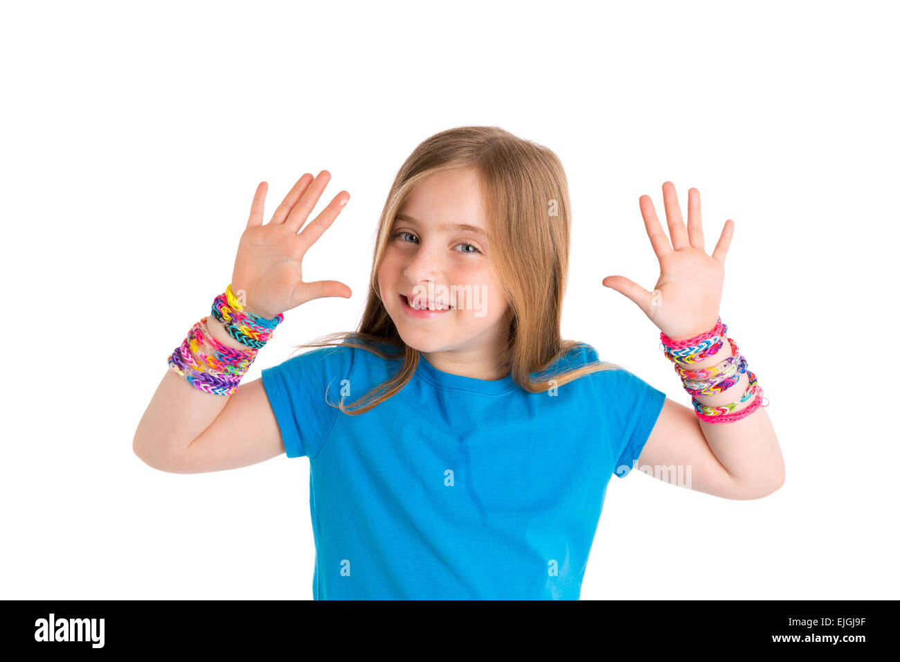 Loom rubber bands bracelets blond kid girl smiling open hands gesture ...