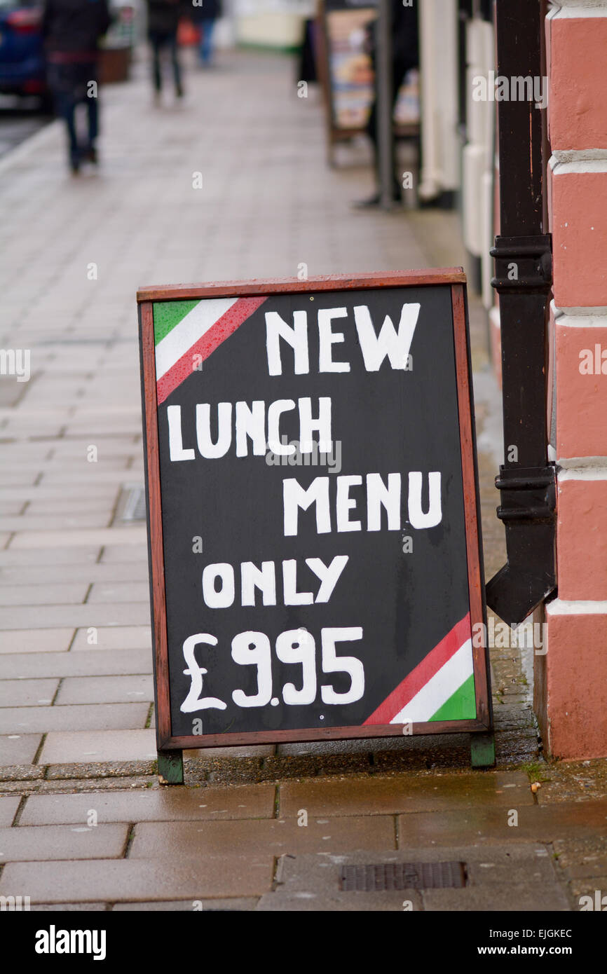 Lunch menu sign outside restaurant in Barnstaple, Devon, England Stock ...