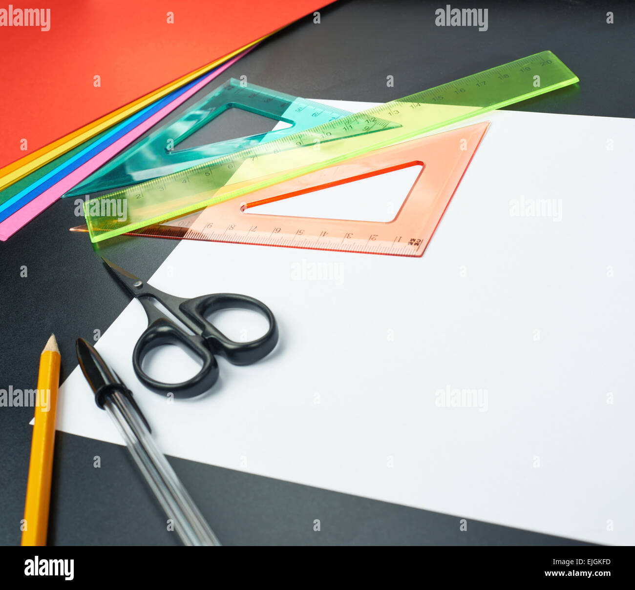 Desk covered with multiple stationery Stock Photo - Alamy