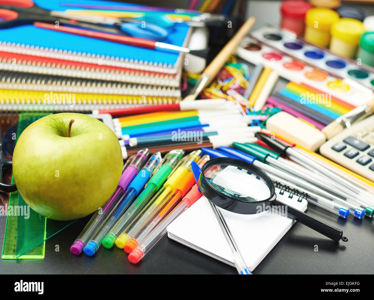 Desk covered with multiple stationery Stock Photo - Alamy