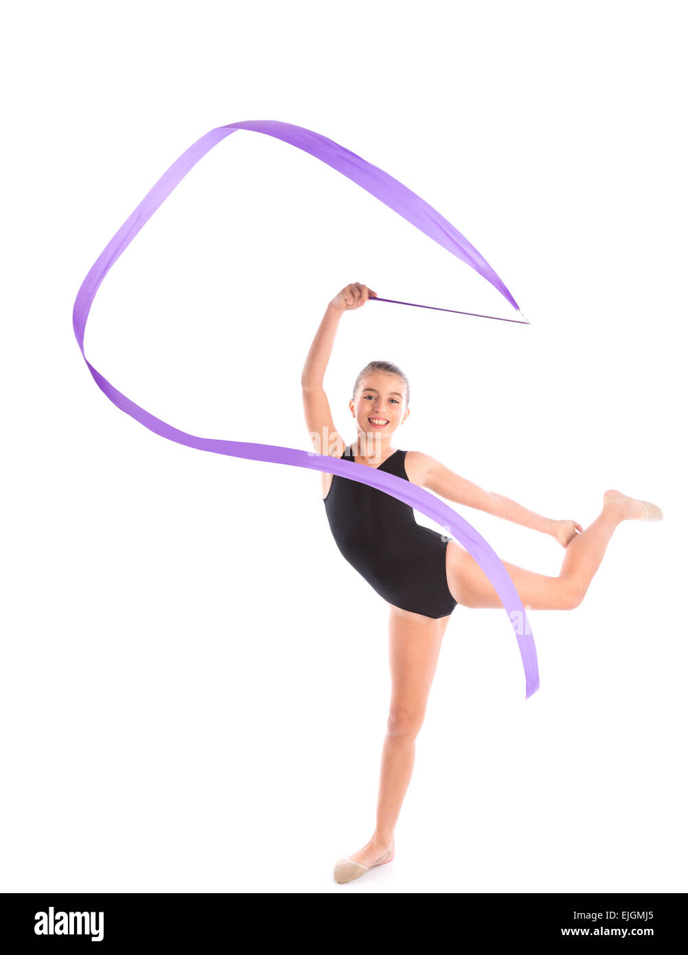 Kid girl ribbon rhythmic gymnastics exercise on white background Stock ...