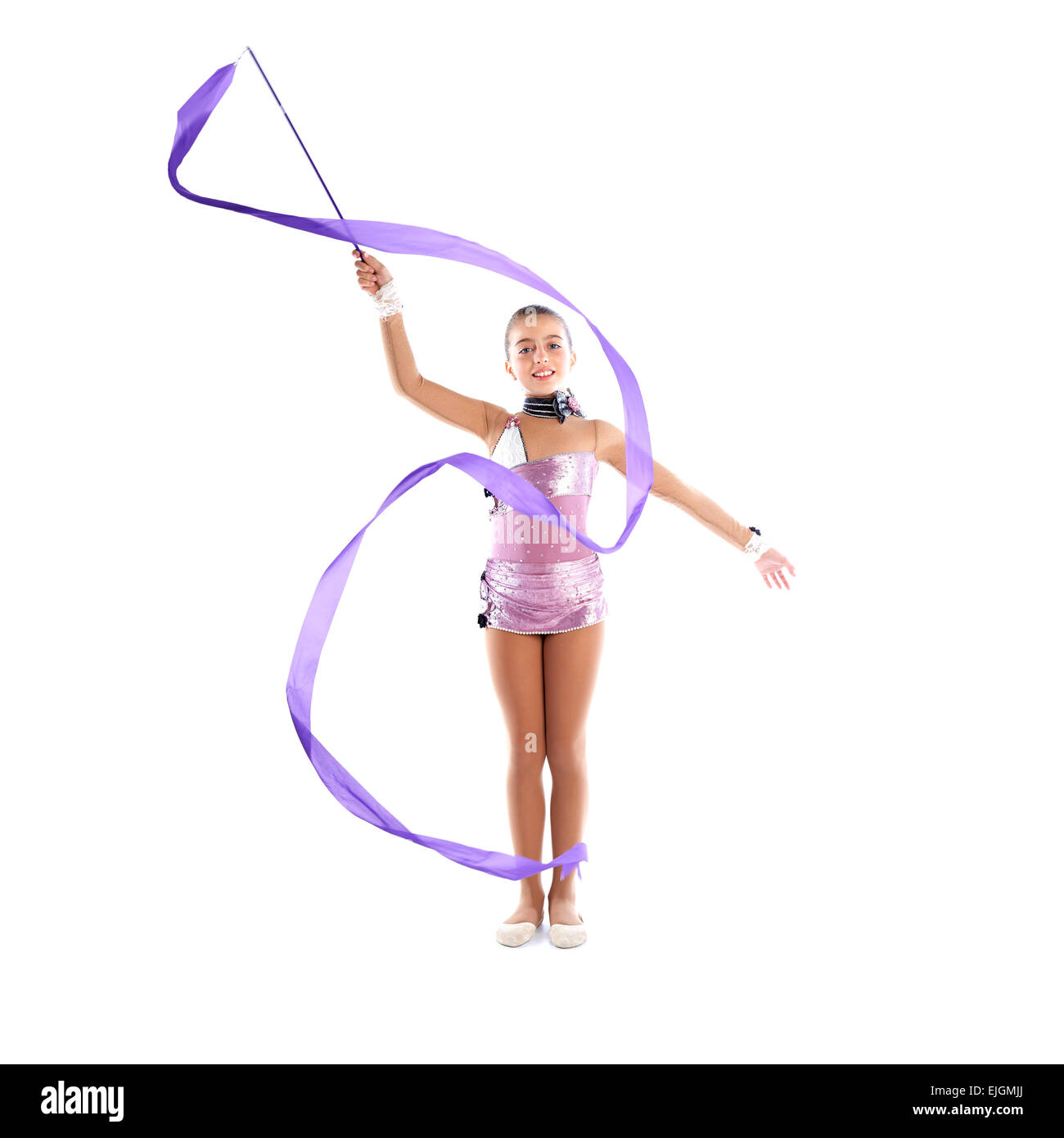 Kid girl ribbon rhythmic gymnastics exercise on white background Stock ...