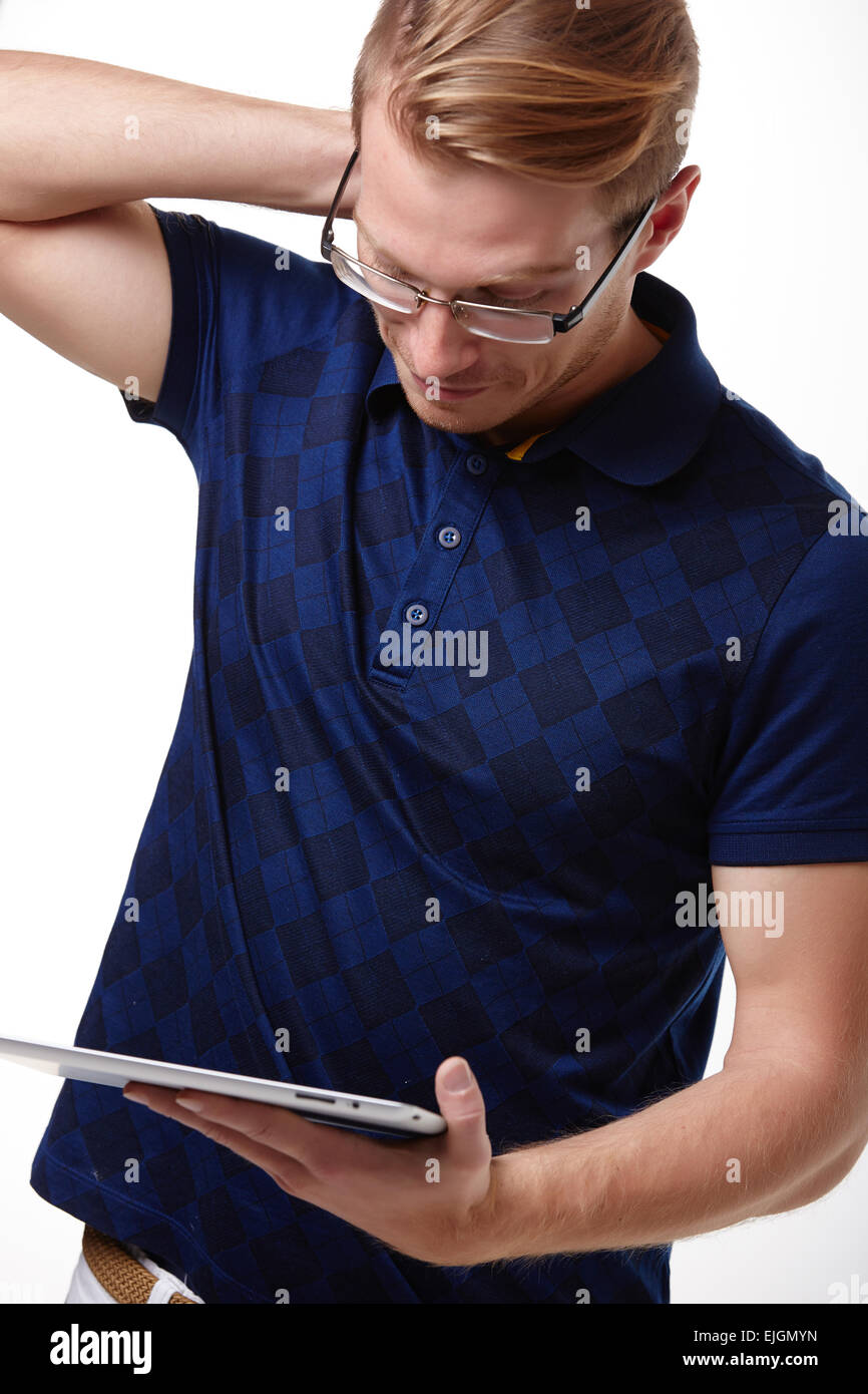 man with pc standing Stock Photo - Alamy