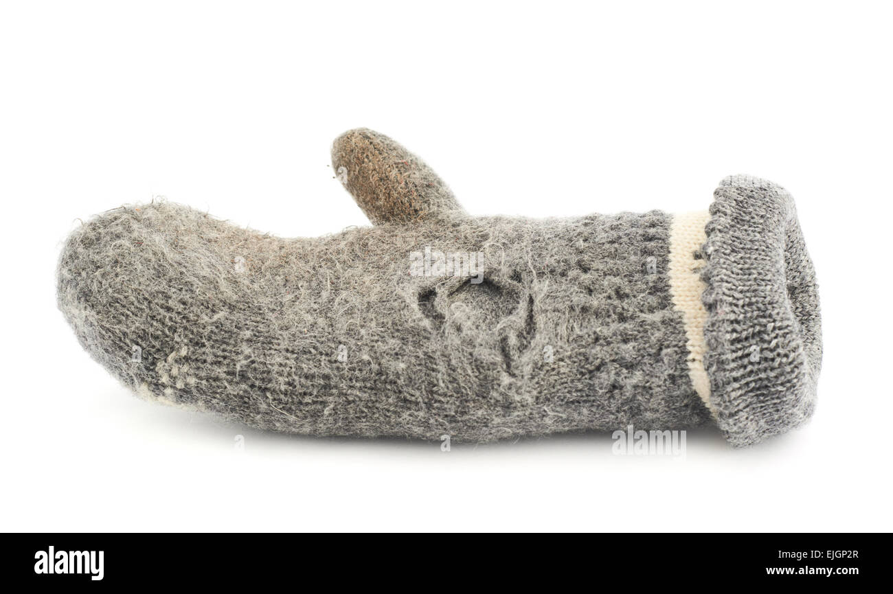Old gray frayed mitten isolated Stock Photo - Alamy