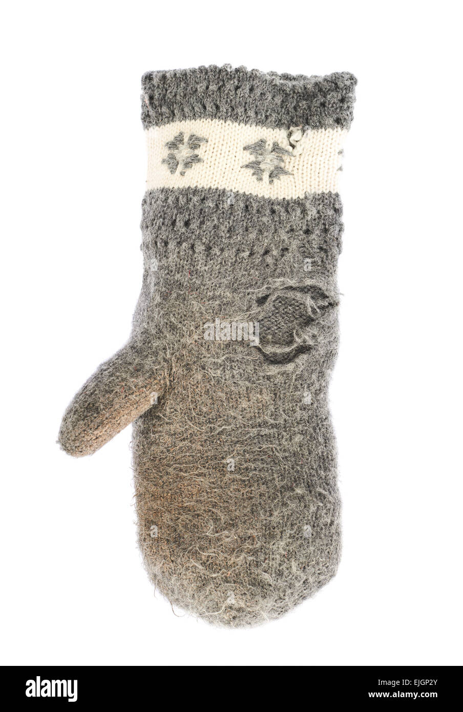 Old gray frayed mitten isolated Stock Photo - Alamy