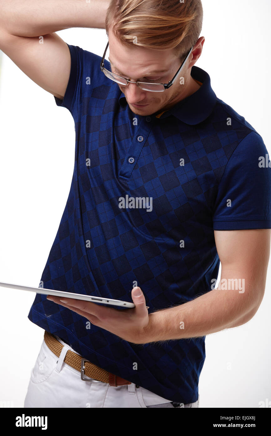 man with pc standing Stock Photo - Alamy