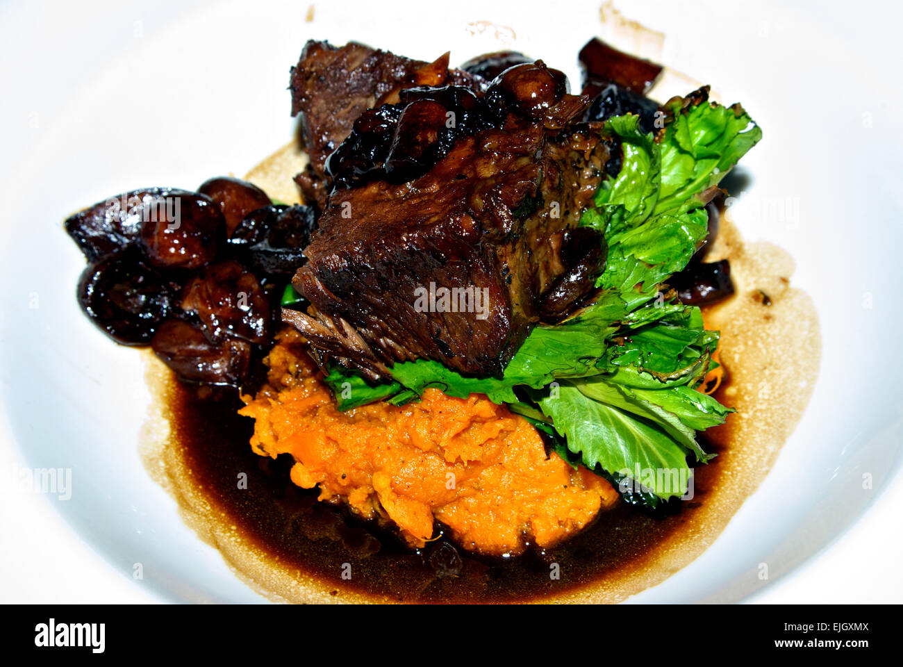 Boneless braised beef short rib button mushrooms mashed yams dinner ...