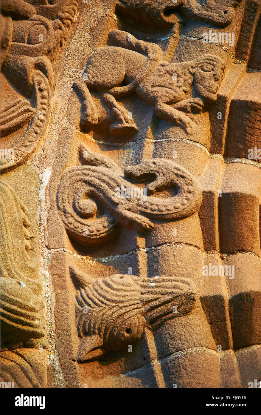 Norman Romanesque relief sculptures of dragons and mythical creatures ...