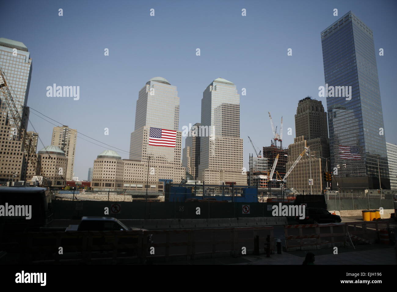 American flag at the site of ground zero during construction where the ...