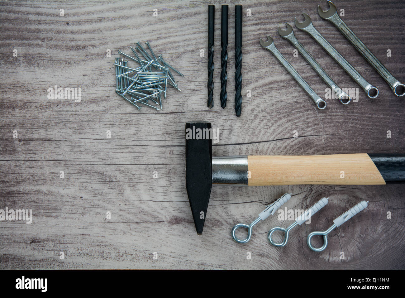 Arrangement of tools over a wooden panel with space for text Stock ...
