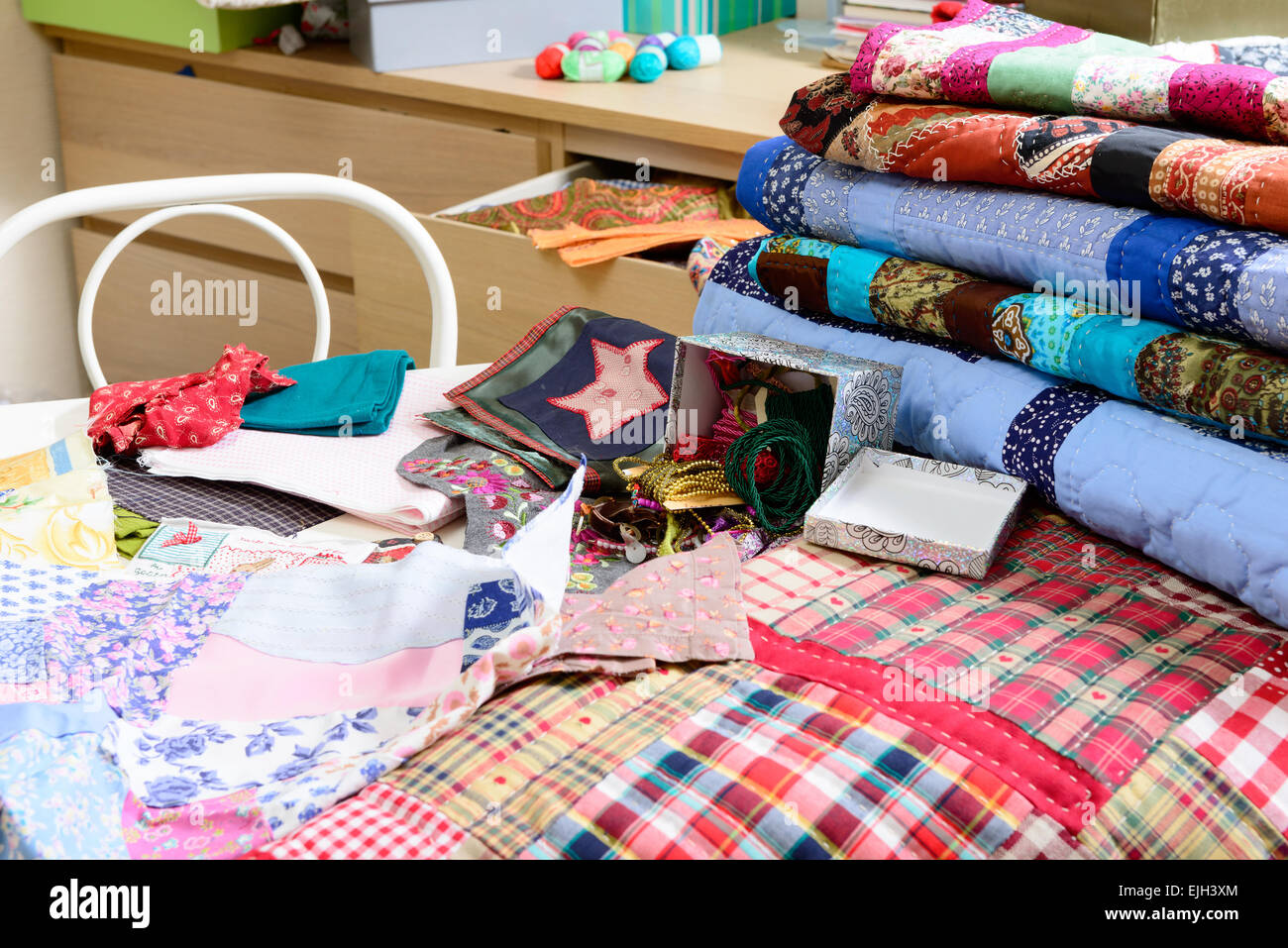 workshop of a seamstress with fabric and patchwork Stock Photo - Alamy