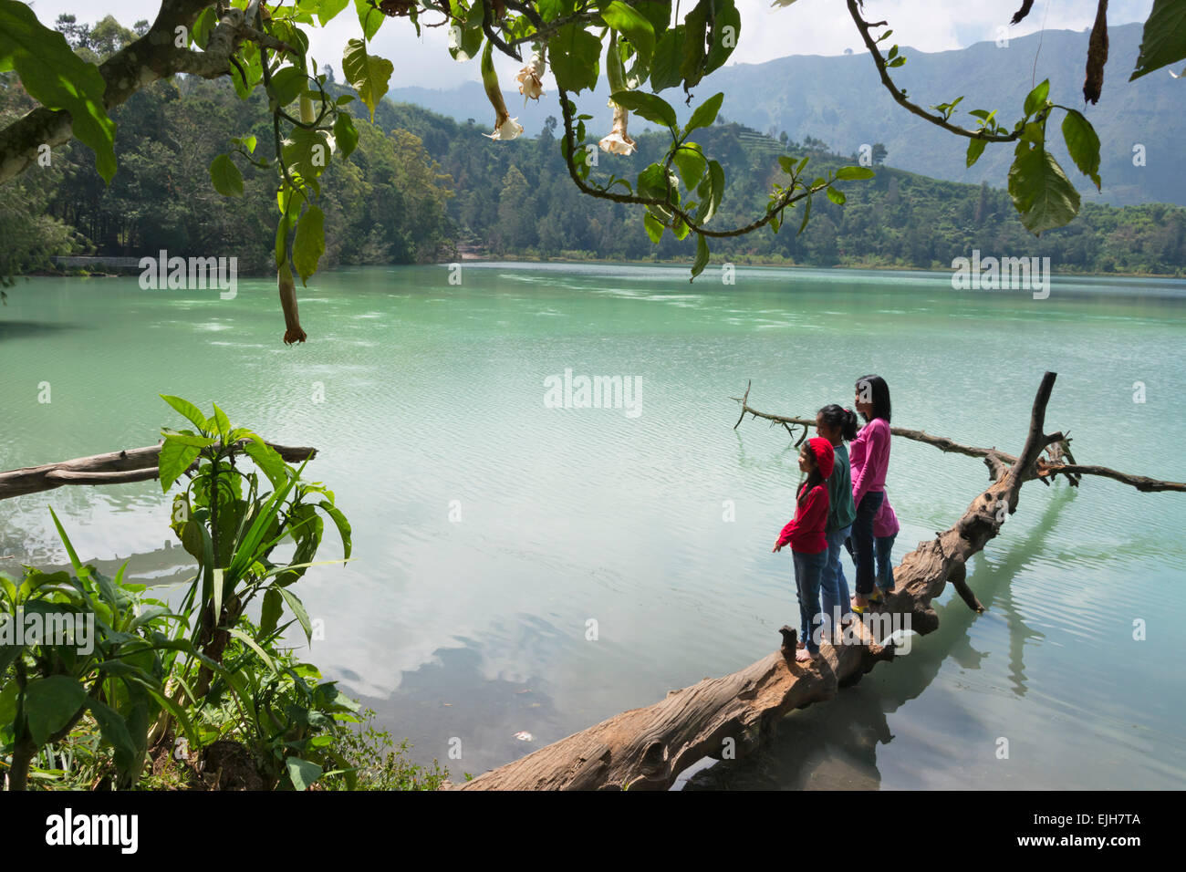 Tourists at Telaga Warna Dieng, the color-changing lake, Dieng, Java ...