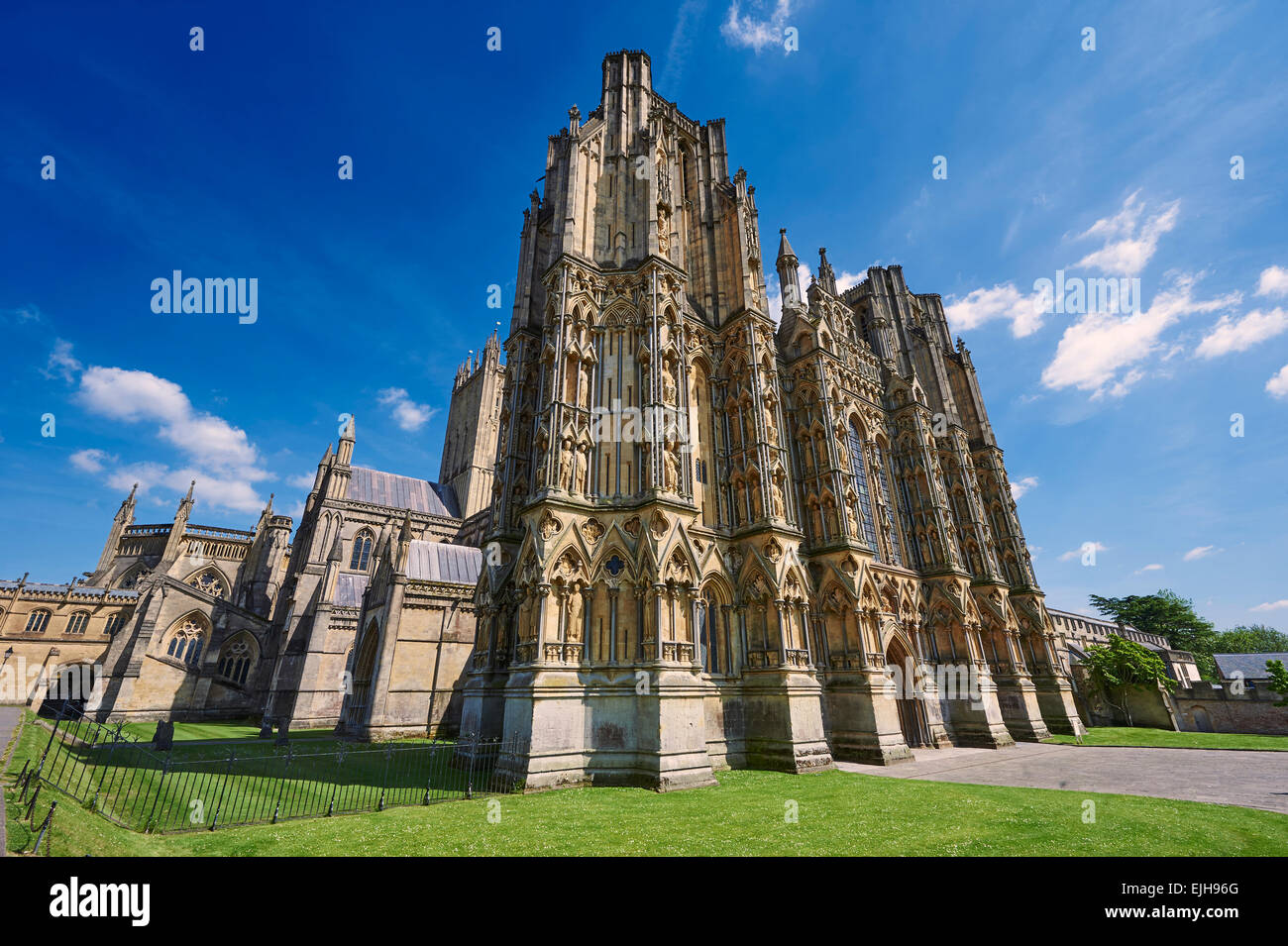 The facade of the the medieval Wells Cathedral built in the Early ...
