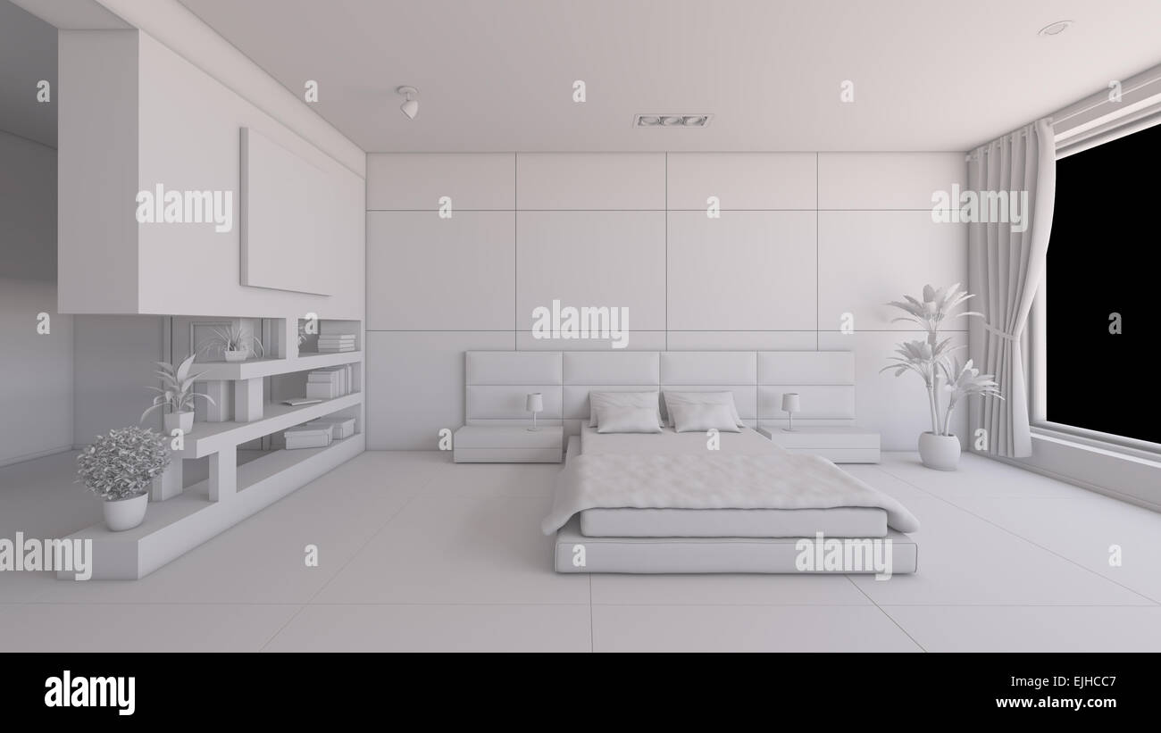 Interior rendering of a bedroom without textures Stock Photo - Alamy