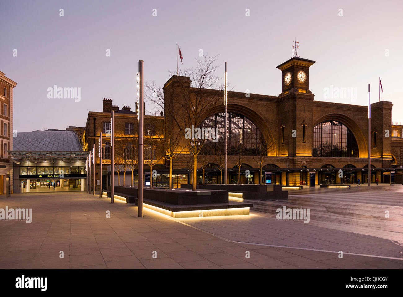 View of London's King's Cross Station from King's Cross Square at dawn ...
